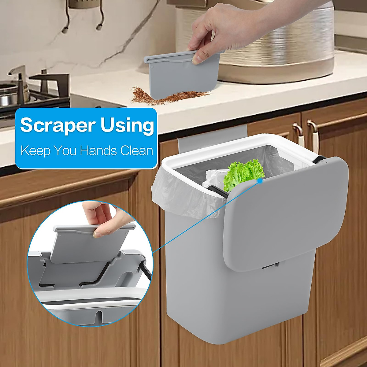 MUGYPYR Compost Bin for Kitchen -2.4 Gallons/9L Trash Can for Under Sink,Hanging Small Trash Can with Lid for Bathroom/Bedroom, Indoor Compost Bucket (Grey)