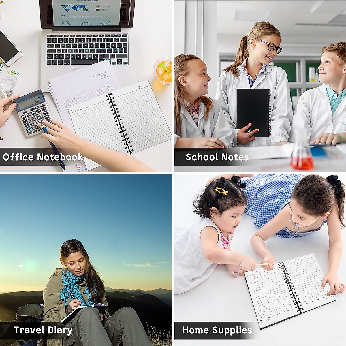 Ouzoustate 4 Pack Spiral Notebook,A5 Lined Black Journal Notebook 5.62 x 8.4 inches-100 Sheets/200 Pages,100GSM Thick Paper,Hardcover Journals for Writing Work School Supplies.