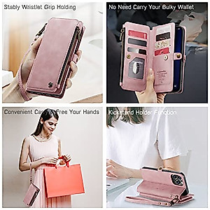 Defencase for iPhone 13 Pro Max Phone Case, iPhone 13 Pro Max Case Wallet for Women, Durable PU Leather Magnetic Flip Lanyard Strap Wristlet Zipper Card Holder, Rose Pink