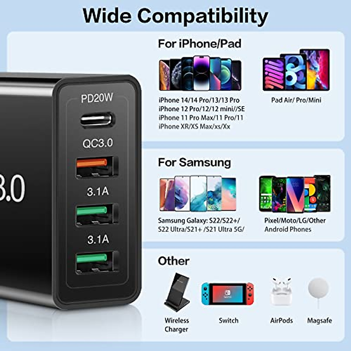 35W USB C Charger Fast Charging Block 4Port Multi USB Wall Charger Quick 3.0 Power Delivery Adapter Bricks Compatible for iPhone14/13/Pro Max,Pad Samsung S23 S22 S9,Google Pixel 7,6 Tablet,Black-II