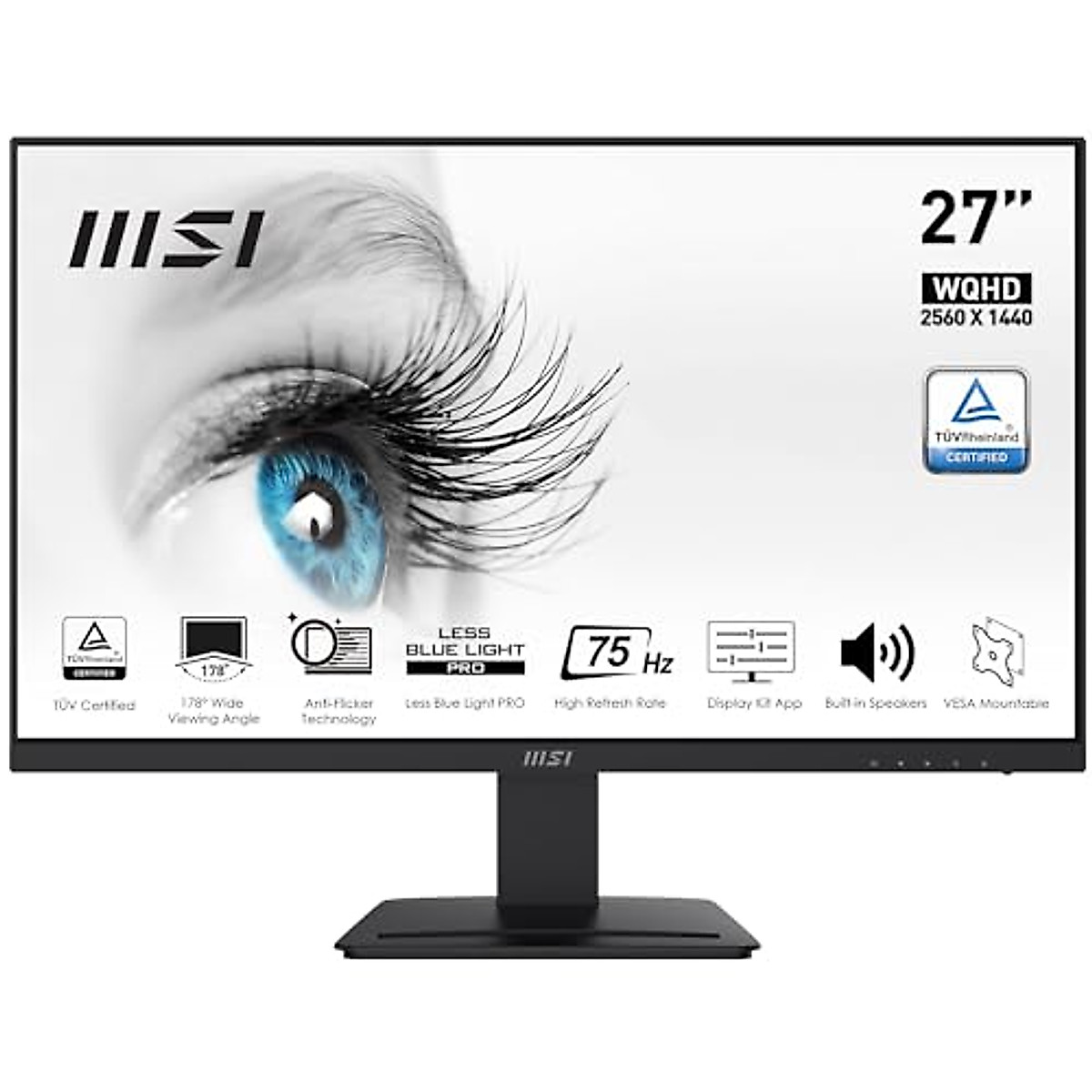 MSI Pro MP273QV, 27" Monitor, 2560 x 1440(QHD) VA, 75Hz, TUV Certified Eyesight Protection, 1ms, Displayport, HDMI, Tilt, Black