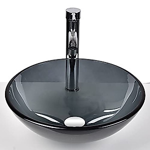 Bathroom Vessel Sink, Round Glass Vessel Sink Basin with Faucet Pop-Up Drain, Grey