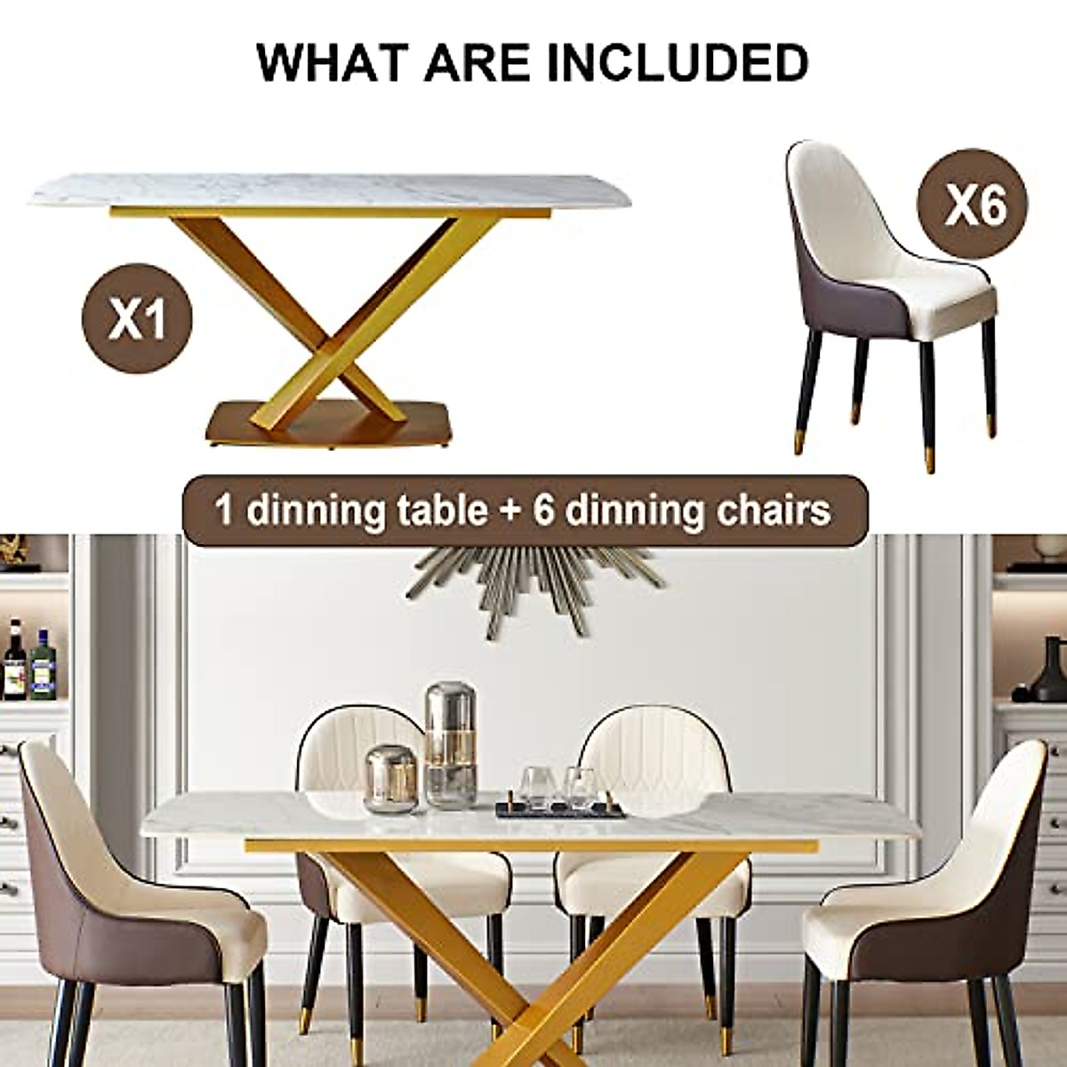 Montary 7-Piece Dining Table Set - 63" Faux Marble Table Top & X-Shaped Solid Gold Carbon Stell Legs, 1 Dining Table with 6 Dining Chairs, Morden Rectangular Dining Set for Kitchen, Resterant