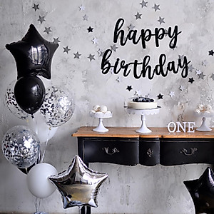 ANSOMO Black Happy Birthday Banner Script Glitter Paper Letters Party Decorations Décor Supplies Garland Streamer Sign for Boys Girls Women Men Adults Kids Him Her