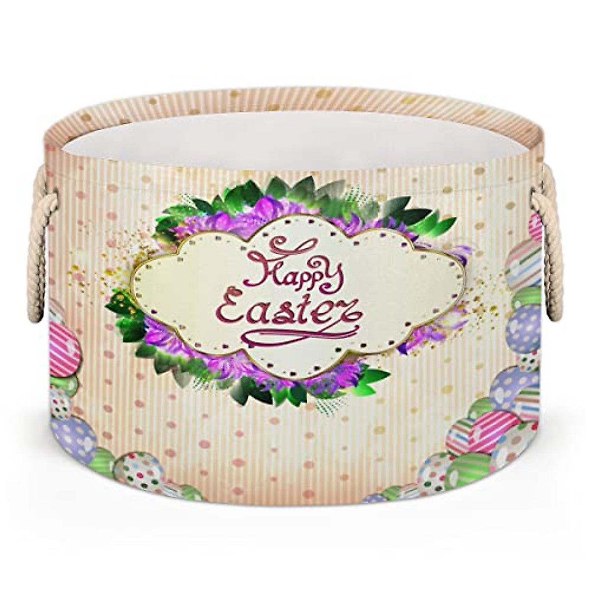 Happy Easter Greeting Card Eggs Large Round Baskets for Storage Laundry Baskets with Handles Blanket Storage Basket for Bathroom Shelves Bins for Organizing Nursery Hamper Girl Boy