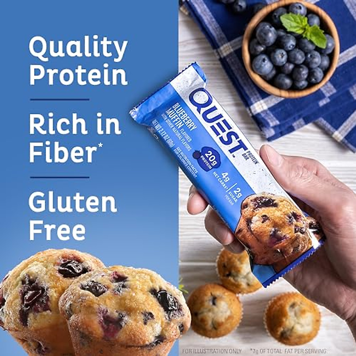 Quest Nutrition Blueberry Muffin Protein Bars, 20g Protein, 2g Sugar, 5g Net Carb, Gluten Free, Keto Friendly, 12 Count
