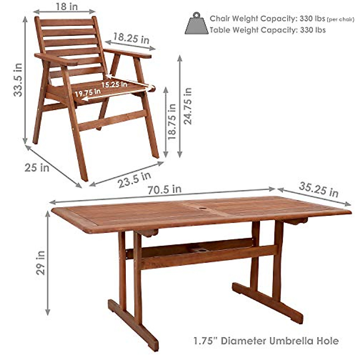 Sunnydaze 7-Piece Meranti Wood with Teak Oil Finish Long Patio Dining Table and Chairs Set - Modern Comfortable Outdoor Dining - Patio, Deck, Front Porch, Poolside or Balcony