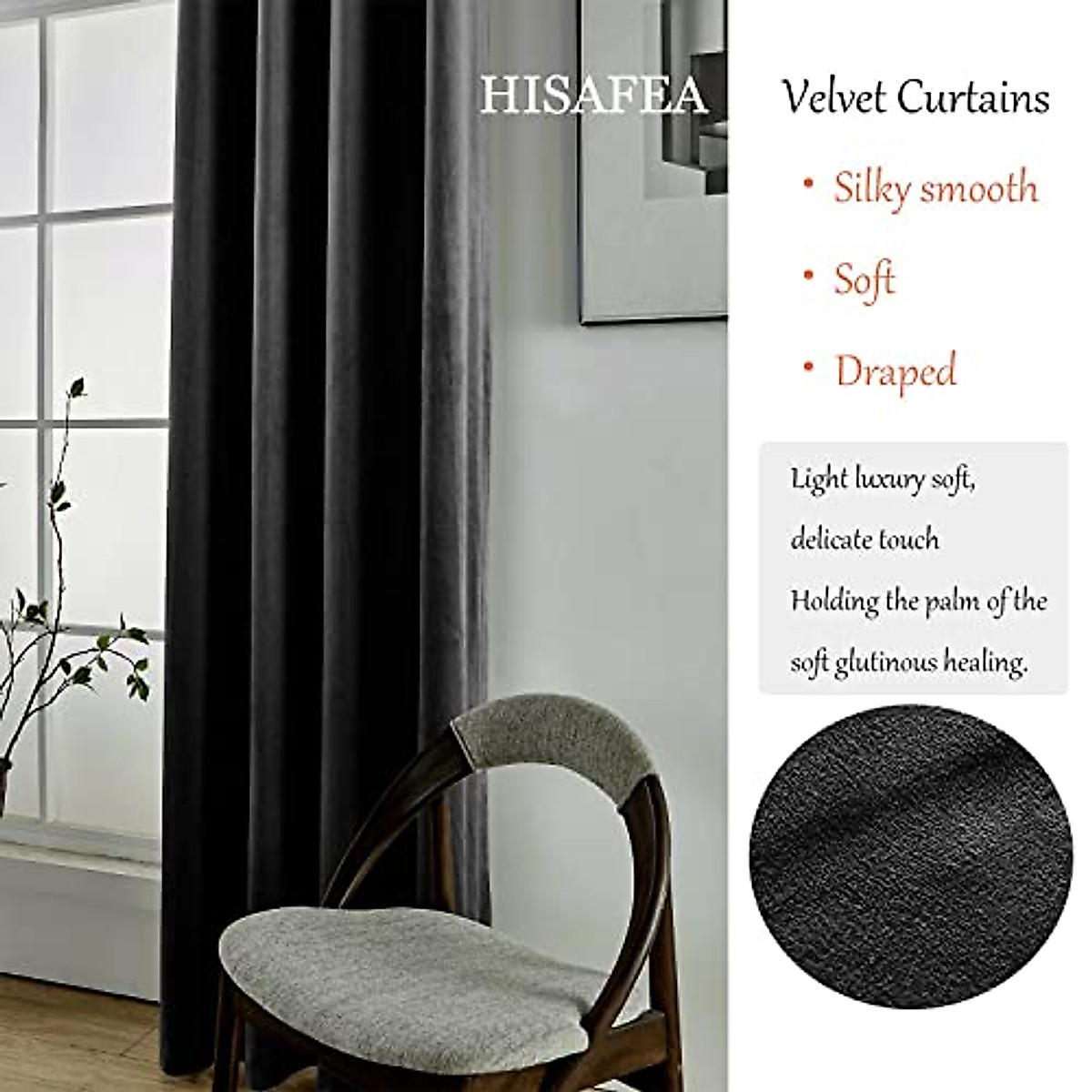 HISAFEA Velvet Curtains for Bedroom and Living Room,Blackout Curtains,2 Panels Set,Grommet Window Drapes 52x84 inchs