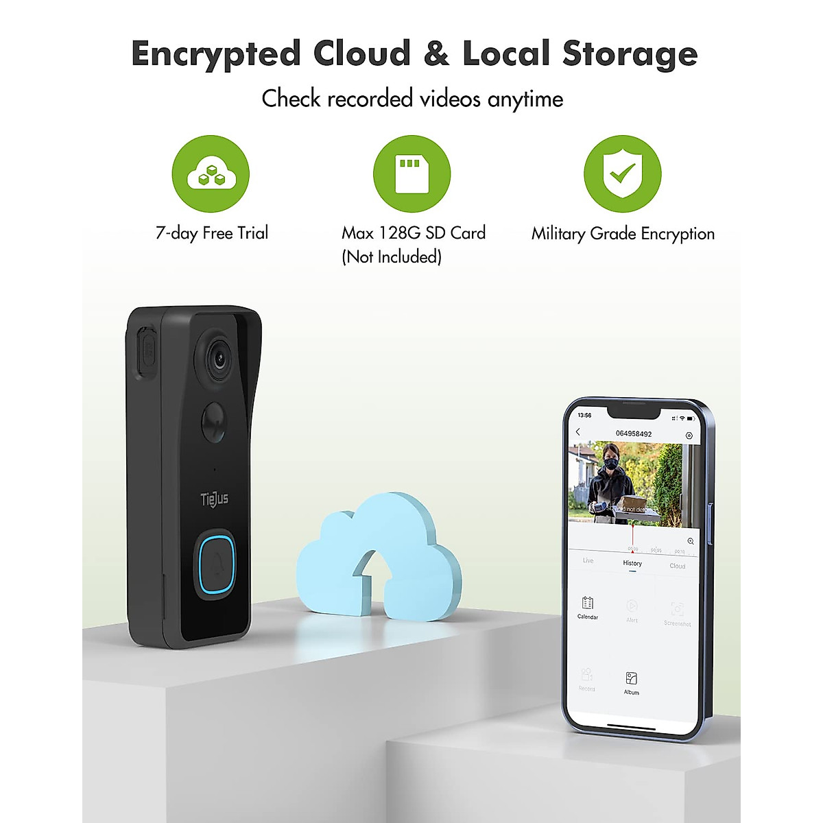 TieJus Doorbell Camera Wireless with Chime, Video Doorbell, 2 Way Audio, Voice Changer, Voice Message, PIR Motion Detection, Night Vision, SD & Cloud Storage, IP66 Waterproof, 2.4G WiFi