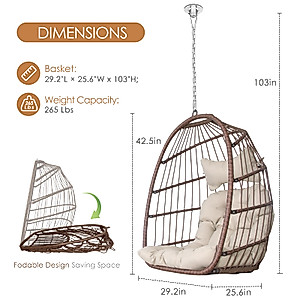 Nicesoul Outdoor Hanging Egg Chair Without Stand, Patio Wicker Swing Egg Basket Chairs with Padded Cushions, Ceiling Tree Swinging Egg-Shaped Chair No Stand for Indoor Bedroom Balcony Porch, Brown