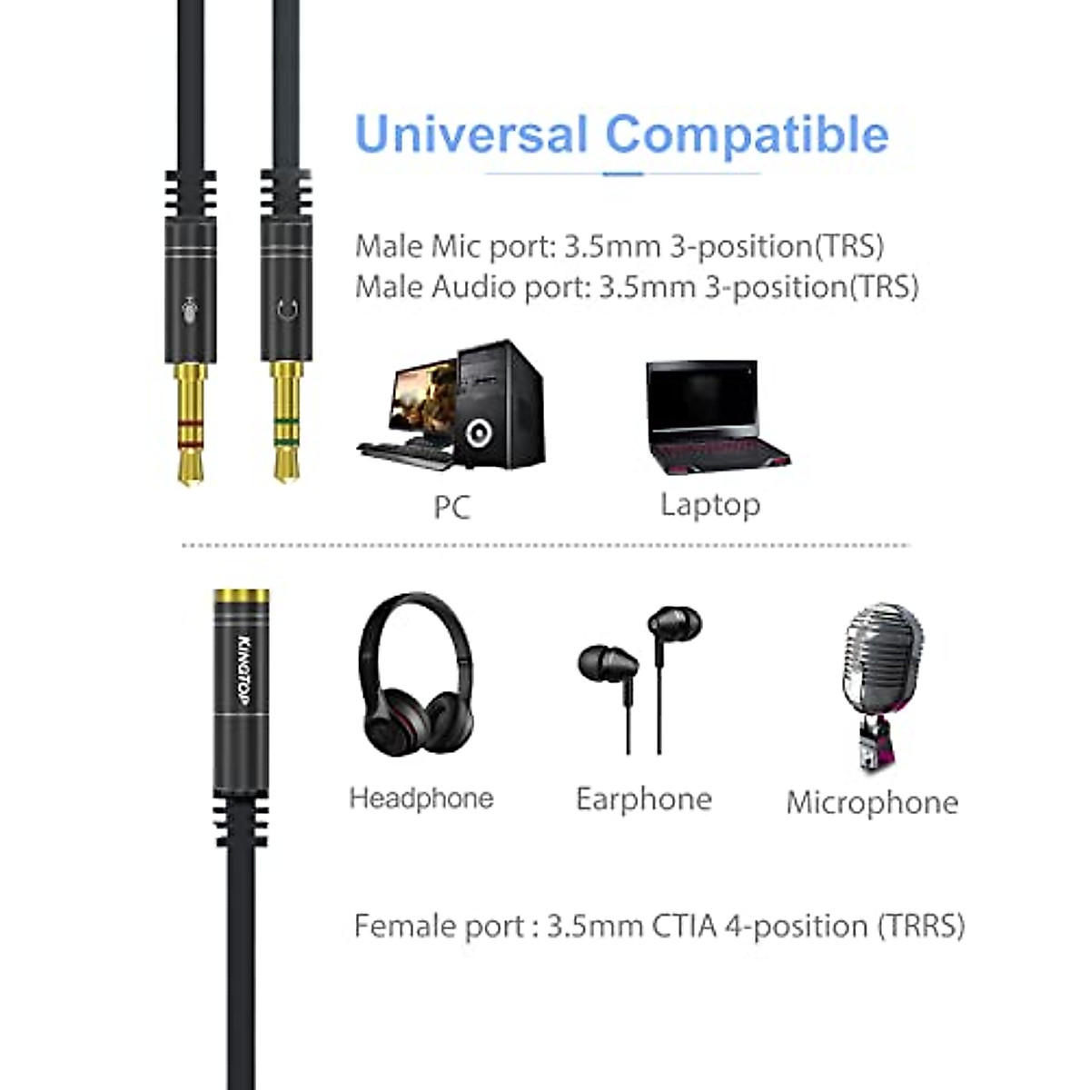 KINGTOP Headset Splitter Cable 3.5mm Female to 2 Male for PC Computer and Old Version Laptop