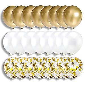 50 Pieces Gold, White and Gold Confetti Balloons | PREFILLED 14 Inch Latex, Metallic, Confetti Balloons for Party, Decorations, Wedding & Bridal (with Ribbon)