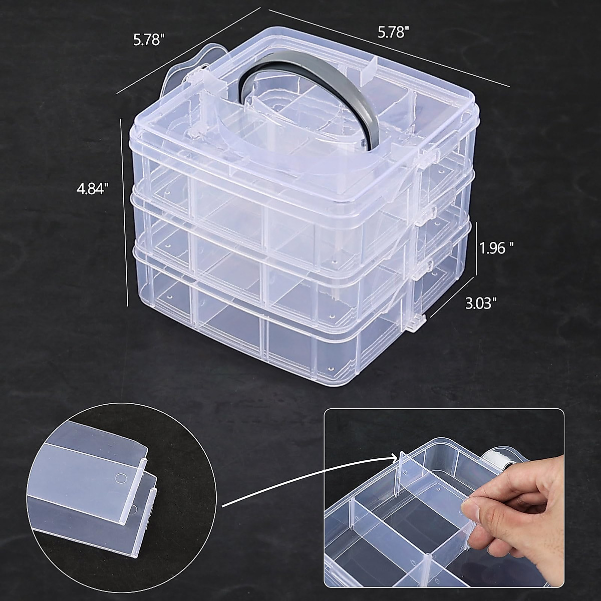 Bringer 3-Tier Small Clear Stackable Storage Container Box with Dividers-18 Compartments, Plastic Craft Storage Organizer Box, 2-Pack