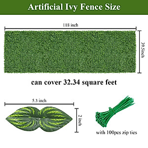 U'Artlines Artificial Ivy Privacy Fence 118x39.5Inch Faux Ivy Leaf Wall with 100Pcs Zip Ties Artificial Hedge Fence Panel for Backyard Garden Balcony Patio Outdoor Decor