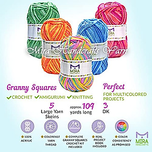 Mira Handcrafts Multicolored Crochet Yarn for Knitting and Crocheting | 5 Variegated Yarn Skeins (50g Each) | Total 547 Yards Bulk Yarn with Crochet kit– Ideal Beginners kit | Rainbow Colors Set