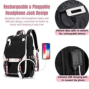 BBSLEVY with USB and audio cable for students, double backpack casual backpack, 15.6-inch laptop BLACKPINK (Black), 11.4 * 6.3 * 18