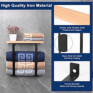 NearMoon Towel Rack with Wooden Shelf, All Metal Bath Towel Holder Rustproof Towel Storage, Bathroom Organizer for Hand Towels, Washcloths, Large Towels, Wall Mounted (2 Pack, Matte Black)