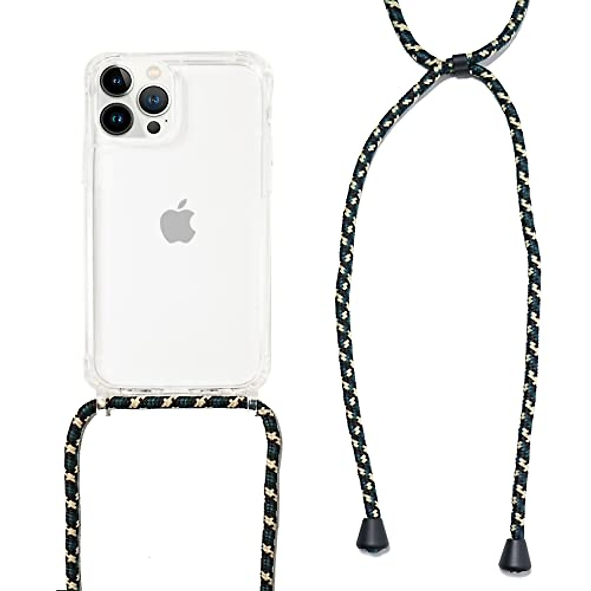Ecofriendly iPhone 14 and iPhone 13 Pro Crossbody Cord Case Leash Hands-Free Adjustable Strap Landyard Shockproof Resistant Cover (Transparent Militar)