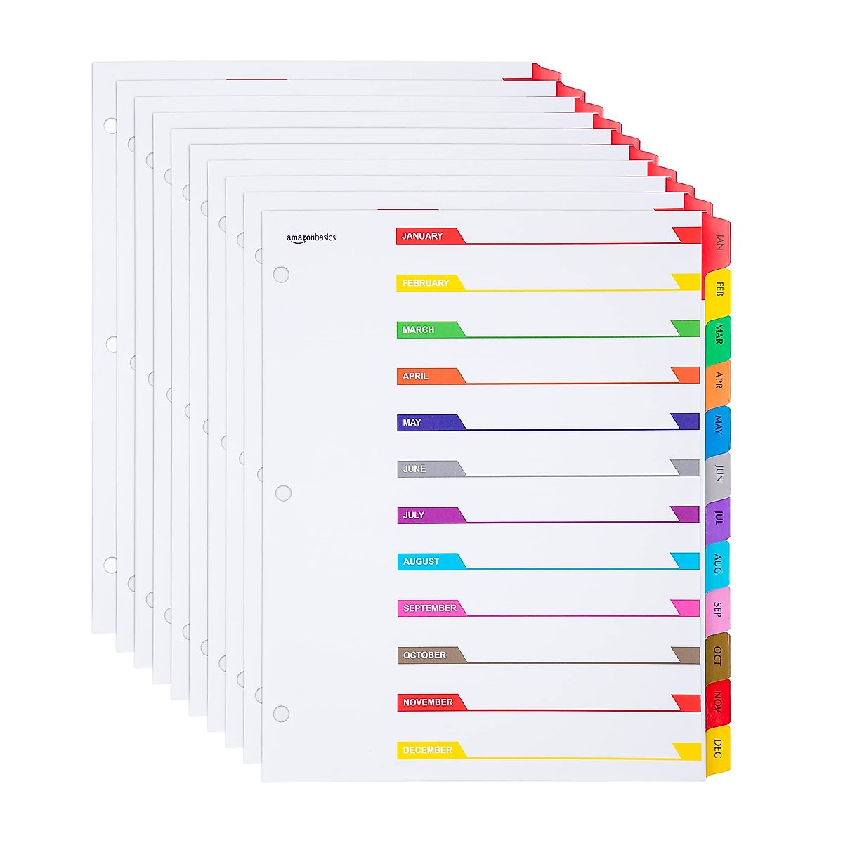 Amazon Basics 12 Tab Monthly Dividers for 3 Ring Binder, Customizable Table of Contents Page, Multicolor, 10-Pack