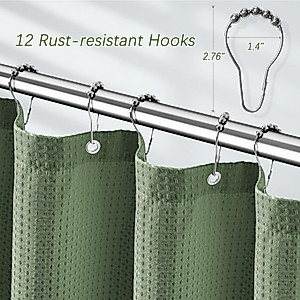 PANGSINNE Sage Green Shower Curtain - Waffle Weave Fabric Heavy Duty for Bathroom, Water Repellent Weighted 256GSM Hotel Quality Machine Washable Bath Curtains with 12 Hooks, 72Wx72H