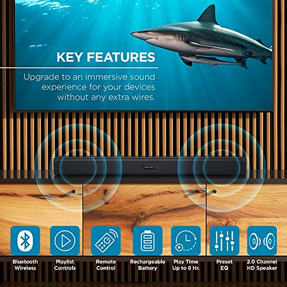 Merkury Innovations, Pur Sound Wireless Home Theater Soundbar and Speaker, Bluetooth HDMI Optical USB Plugin, 10 Watt Output Power, 1500mAh Rechargeable Battery