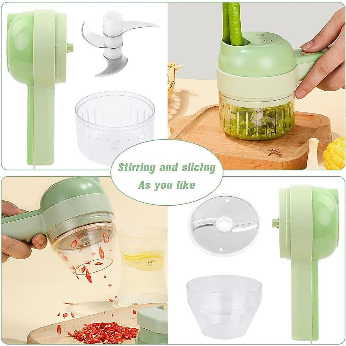 Kitchen Goods Electric Vegetable Cutter Set - 4 in 1 Portable, Rechargeable, Wireless Food Processor & Chopper Machine for Pepper, Garlic, Onion, Celery & Meat