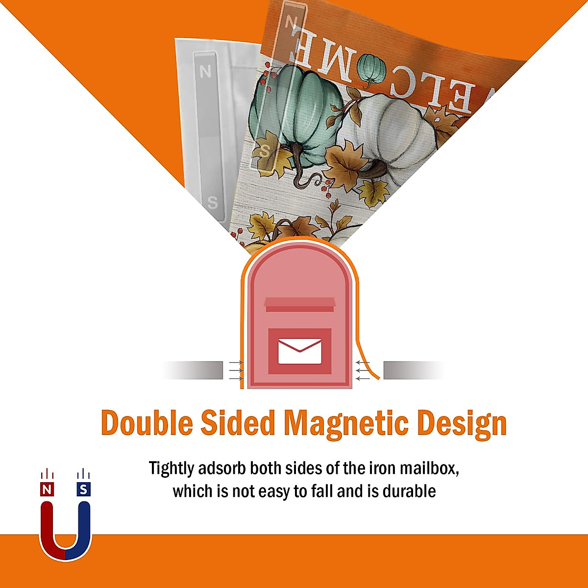 FBCOO Welcome Fall White Teal Pumpkin Mailbox Cover Magnetic Standard Size 20.5" x 18", Autumn Seasonal Decorative Post Letter Box Decor, Thanksgiving Farmhouse Rustic Garden Yard Outdoor Decoration