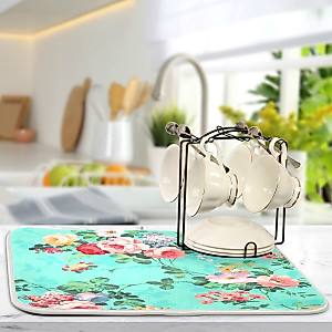 Absorbent Dish Drying Mat Microfiber - Teal Roses Flower Drying Pad for Kitchen Counter 18 x 24 Inch