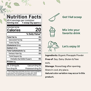 Organic Pineapple Powder, 8oz | 100% Natural Fruit Powder | Freeze-Dried Pineapples Source | No Sugar & Additives | Great Flavor for Drinks, Smoothie, & Beverages | Non-GMO & Vegan Friendly