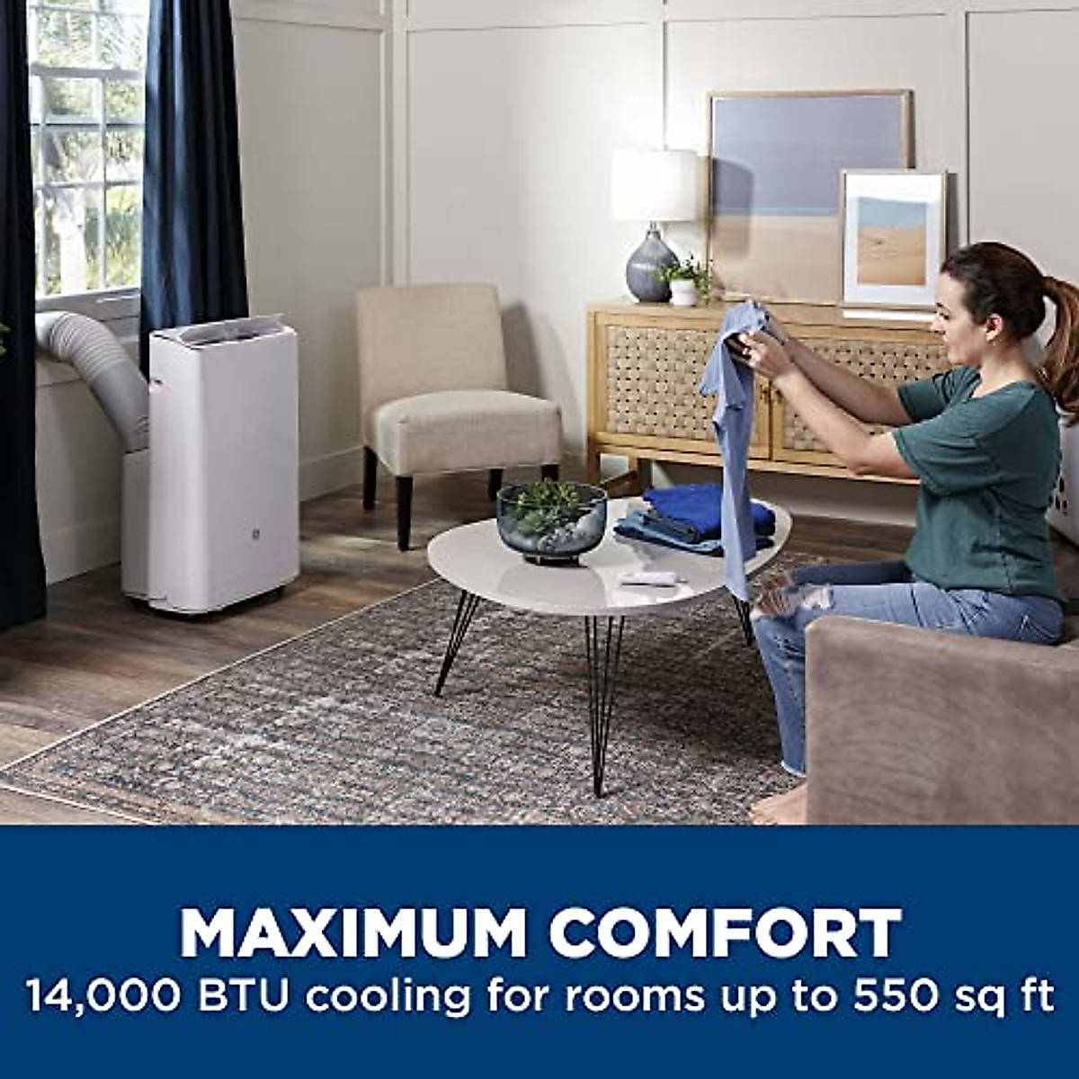 GE 14,000 BTU Portable Air Conditioner for Medium Rooms up to 550 sq ft. (9,850 BTU SACC), Wi-Fi Enabled, 3-in-1 with Dehumidify, Fan, and Auto Evaporation, Included Window Installation Kit