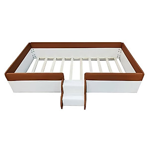 JIJIWANG Twin Size Soft Floor Bed with Stairs, PU Leather Upholstered Grounded Daybed, Low Profile Bed with Slat Support for Kids Boys Girls Teens Adults,（Brown+White）