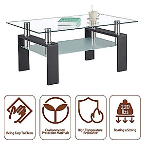 IANIYA Coffee Table with Metal Tube Legs, Glass and Rectangle End Table for Livingroom (Black)