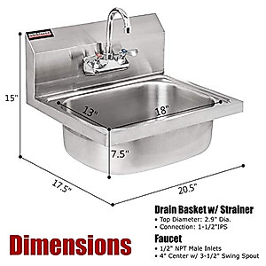 DuraSteel Stainless Steel Sink - Commercial Wall Mount Kitchen Sink - Small Hand Sink with 18" x 13" x 7.5"D Wash Basin - With Sink Strainer and Faucet - For Laundry, Restaurants, Bars, and More