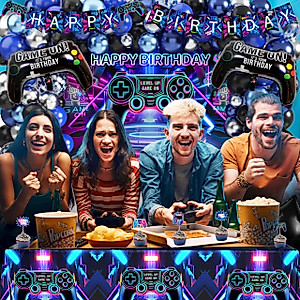 JOPHMO Video Game Birthday Party Decorations for Boy Game Happy Birthday Party Supplies with Happy Birthday Backdrop Banner Gaming Tablecloth Blue Balloon Arch Kit Cake Toppers for Boy Birthday Party