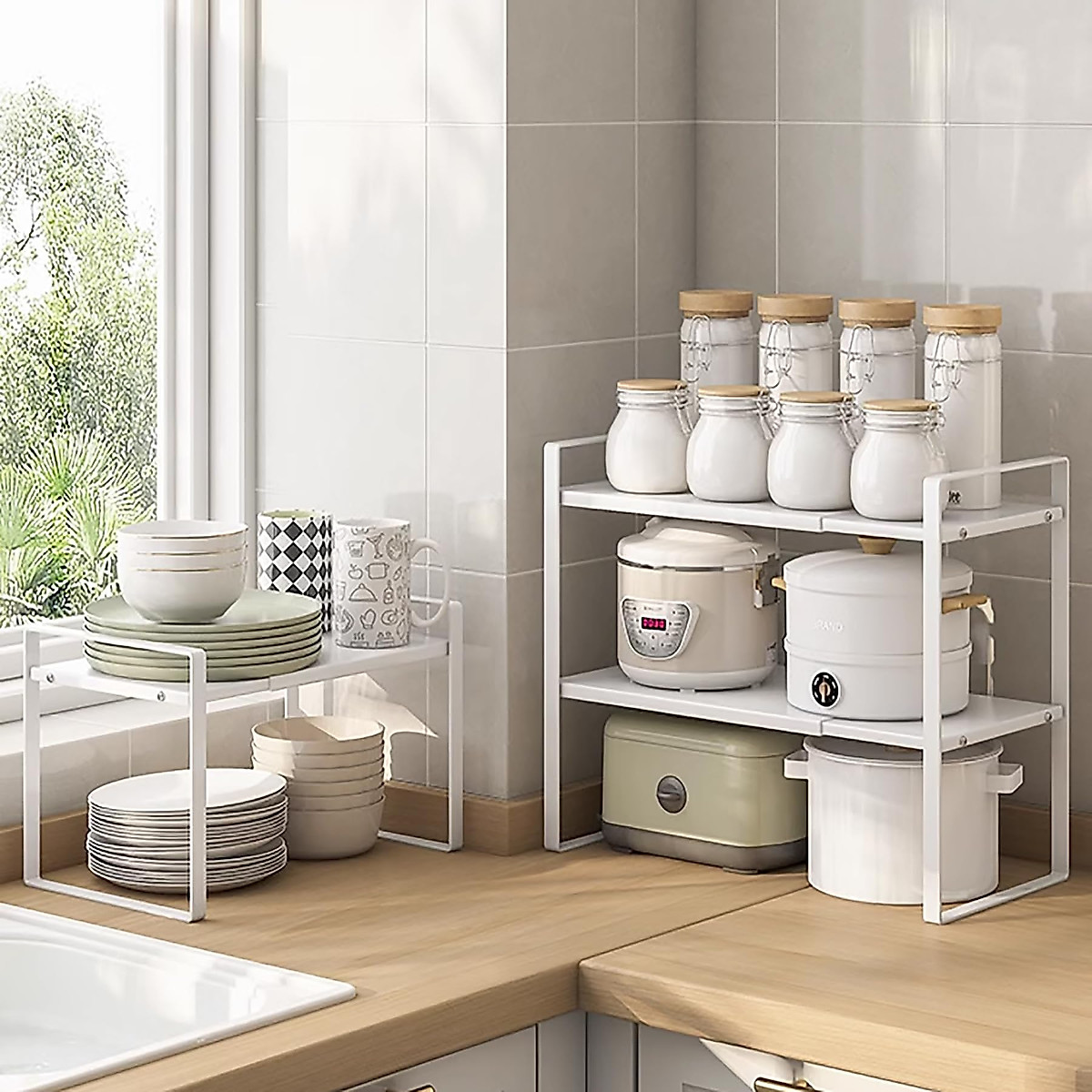 LONONE Under Cabinet Organizer Shelf Under Sink Organizer Kitchen Adjustable Under Sink Organizers and Storage Bathroom,White,Double Layer