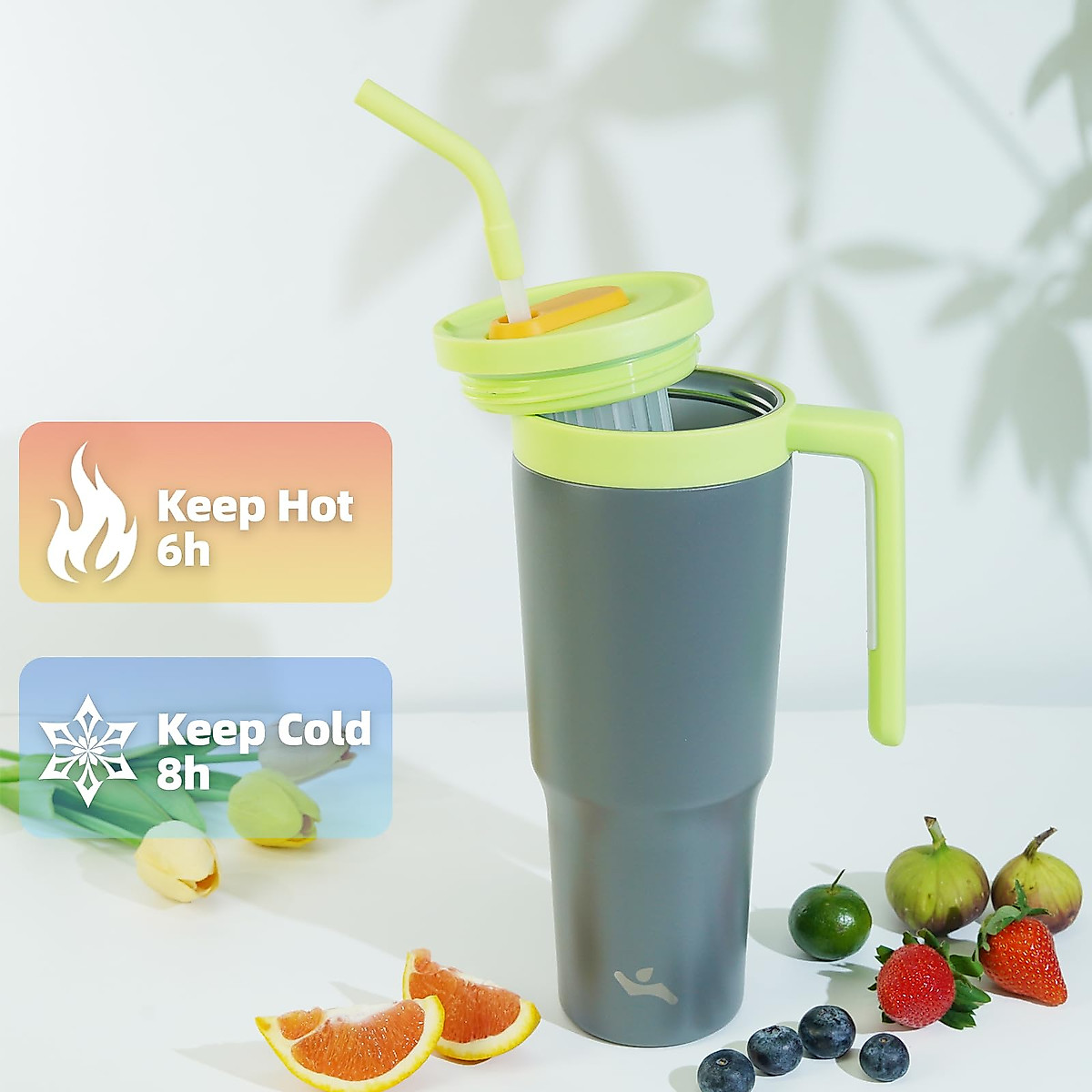 Konokyo Insulated Tumbler with Handle and Straw,40 OZ Vacuum Stainless Steel Water Bottle Travel Mug Metal Cup with Fruit Diffuser,Grey
