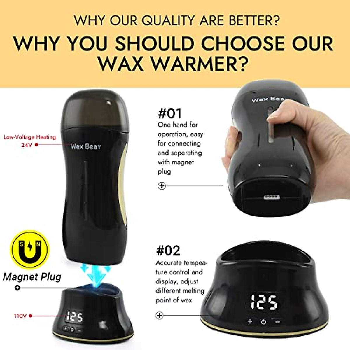 Wax Bear Roll On Wax Kit for Hair Removal,Roller Wax Cartridge Depilatory Wax Heater Kit Digital Temperature Display with for Personal & Professional Use，Black