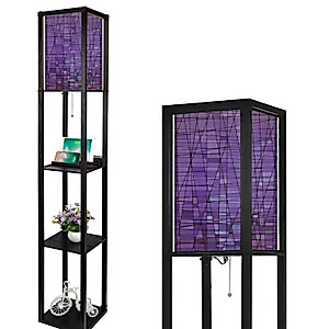Abstract Stained Glass Mosaic Purple Violet Floor Lamp with Shelves USB Ports & Power Outlet Linen Fabric Shade Corner Standing Lamp for Living Room