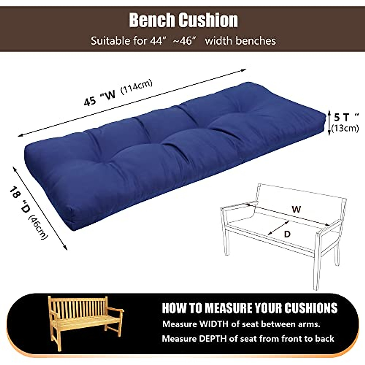 RACE LEAF Bench Cushion 45" x 18" Navy, Outdoor/Indoor Water Resistant Bench Seat Pads, Tufted Loveseat Cushion for Swing, Wicker, Garden Bench, Indoor, Shoe Storage, Window, Piano