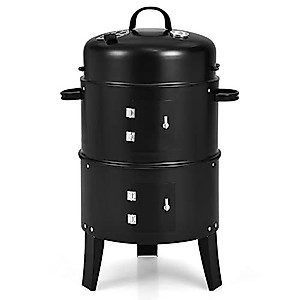 Smoker Grill，3-in-1 Outdoor Smokers, Charcoal Grills Cambo with Built-in Thermometer for BBQ