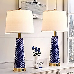 Modern Table Lamps for Living Room Set of 2, 28" Blue Ceramic Bedside Lamp with Triangle Textured Pattern, 3 Way Dimmable Touch Control Nightstand Bedroom Lamp with Linen Drum Shade (Bulbs Included)