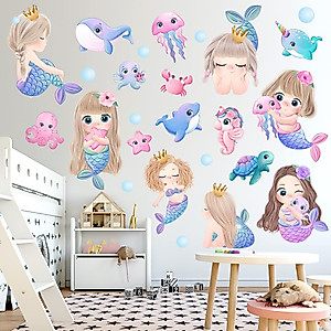 Pinenjoy Cute Mermaid Princess Wall Decal Cartoon Marine Life with Little Bubble Wall Stickers 42x42inch Removable Self-Adhesive Vinyl Wall Clings for Children's Bedroom Nursery Door Decorarion