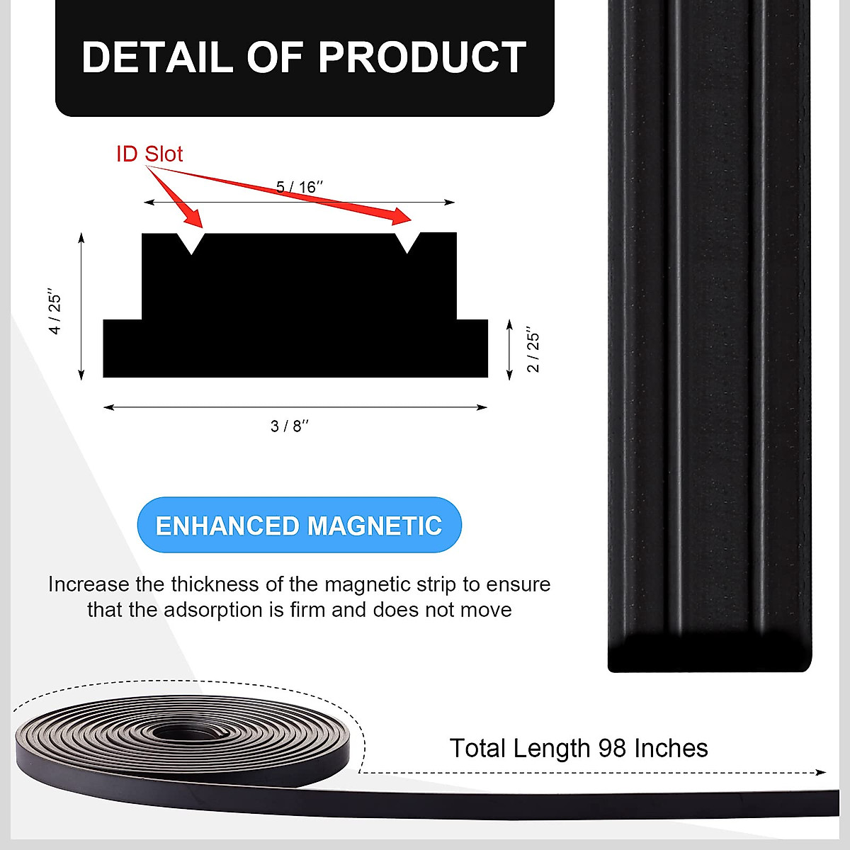Thicken Shower Door Magnetic Strip Replacement, RV Shower Door Magnet Seal Strip Replacement Magnetic Strip for Framed and Semi Frameless Swinging Glass Shower Doors, 3/8 x 4/25 in(1 Roll,98 Inch)