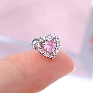 OUFER 16G Helix Earrings, Heart Shiny Clear CZ Helix Piercing Jewelry, 316L Surgical Steel Cartilage Earrings, Tragus Daith Rook Sung Lobe Piercing Jewelry For Women And Men-Pink CZ