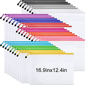 36 Pack Mesh Zipper Pouch A3 Size Waterproof Plastic Zipper Mesh Bags 16.9 x 12.4 Inch Classroom Organization Storage Bags Clear File Pockets for School Office Puzzles Board Games(Multi Color)