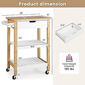 Giantex Kitchen Island Cart with Storage, Rolling Bamboo Kitchen Cart on Wheels, w/Pull-Out Drawer, Towel Handle, 2 Open Shelves, Mobile Coffee Bar Cart for Dining Room Living Room (Wood & White)