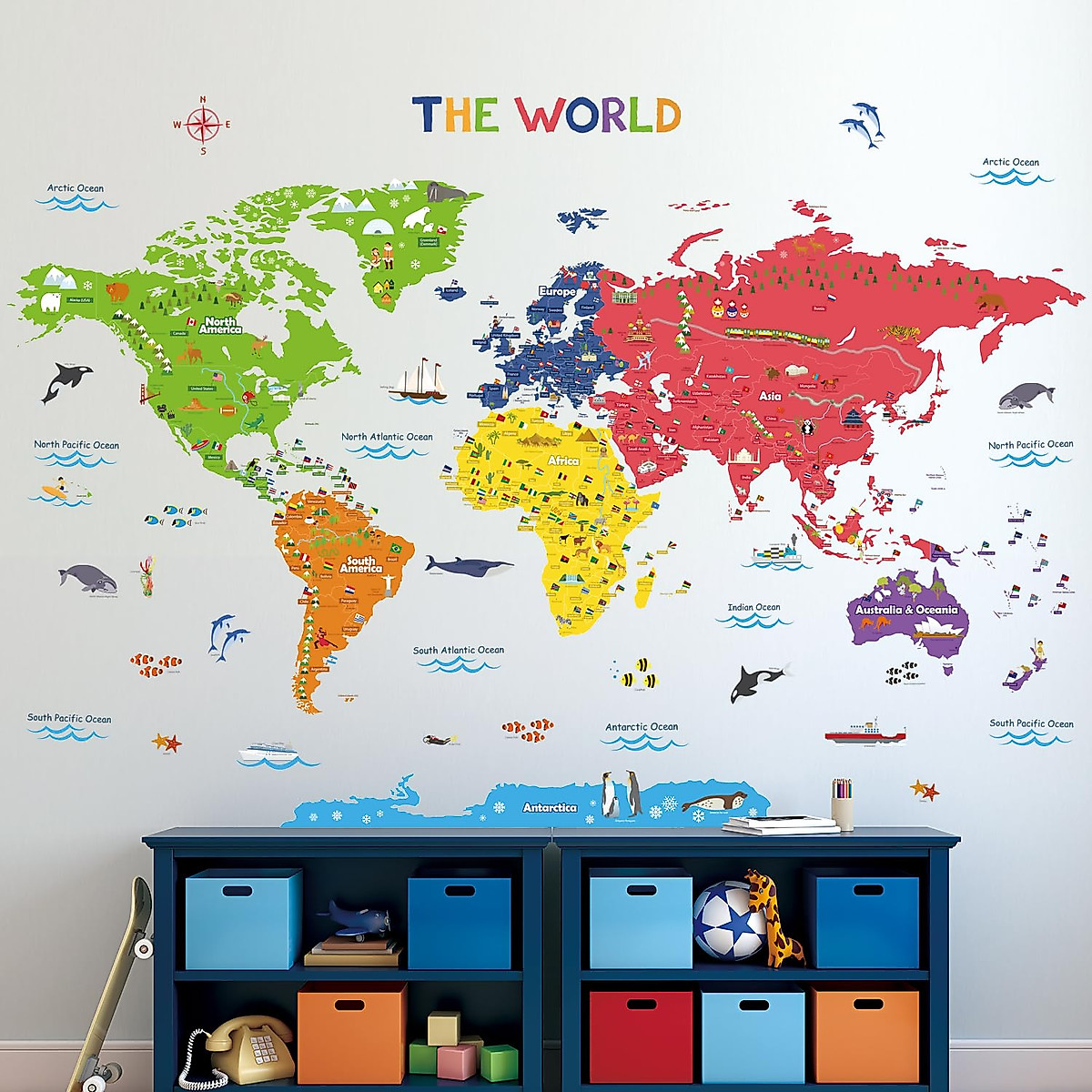 DECOWALL DL3-2212 XLarge World Map Kids Wall Stickers (59x40 inch) Decals Peel and Stick Removable for Nursery Bedroom Living Room Art murals Decorations