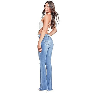 YMI Women's Wannabettabutt Highrise Super Flare Distressed Hem Denim Jeans(Medium Blue Rips,1)