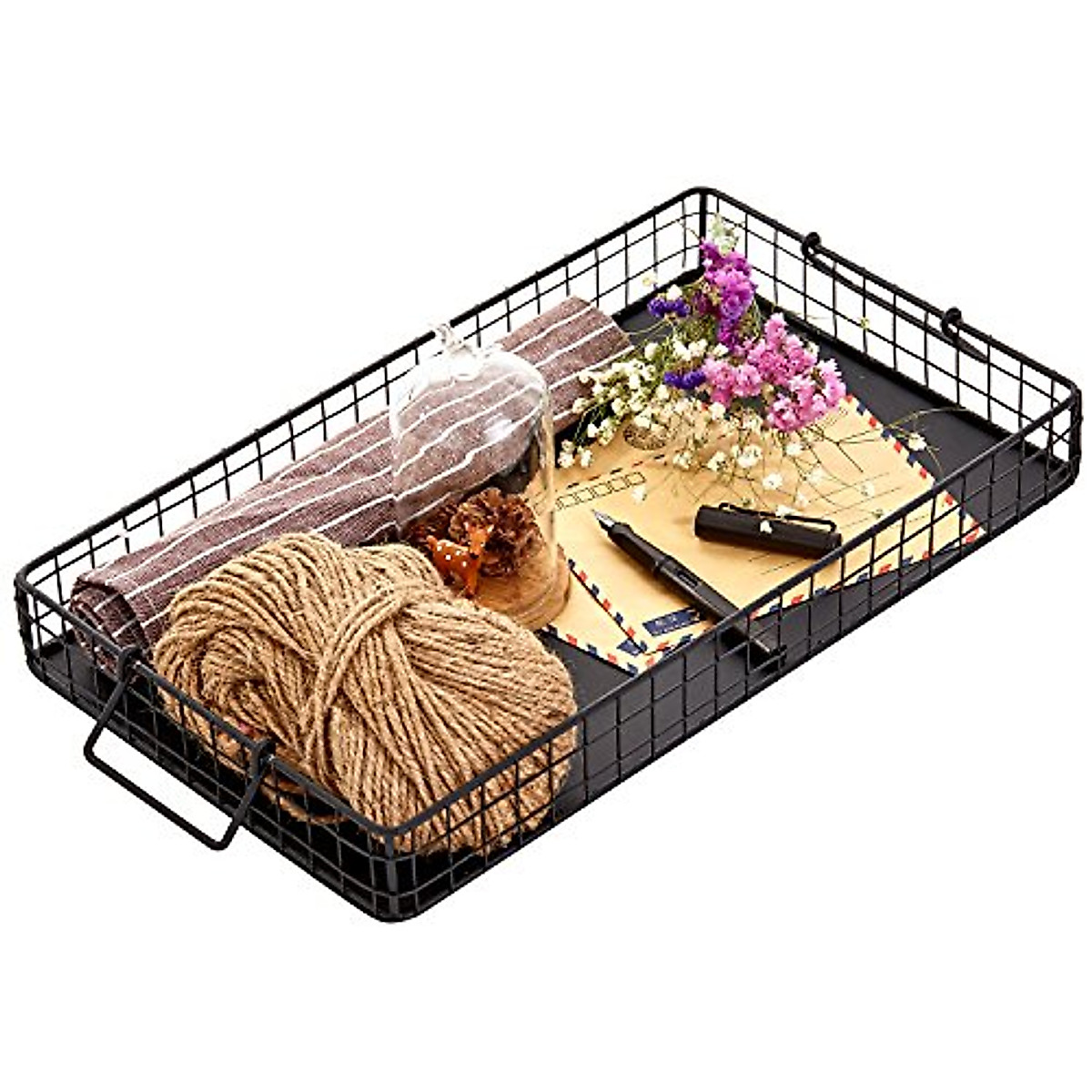 MyGift Black Metal Wire Nesting Serving Trays, Decorative Storage Baskets with Handles, Set of 2