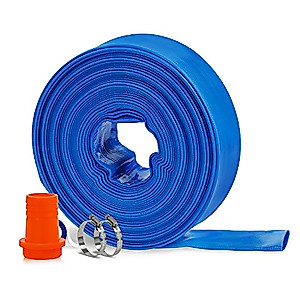 Acquaer 1-1/2" x 50 FT Pool Backwash Hose, Heavy Duty Reinforced PVC Lay Flat Discharge Hose, Weather and Burst Resistant, with 2 Hose Clamps and a Connector for Inground Swimming Pool Pump Draining
